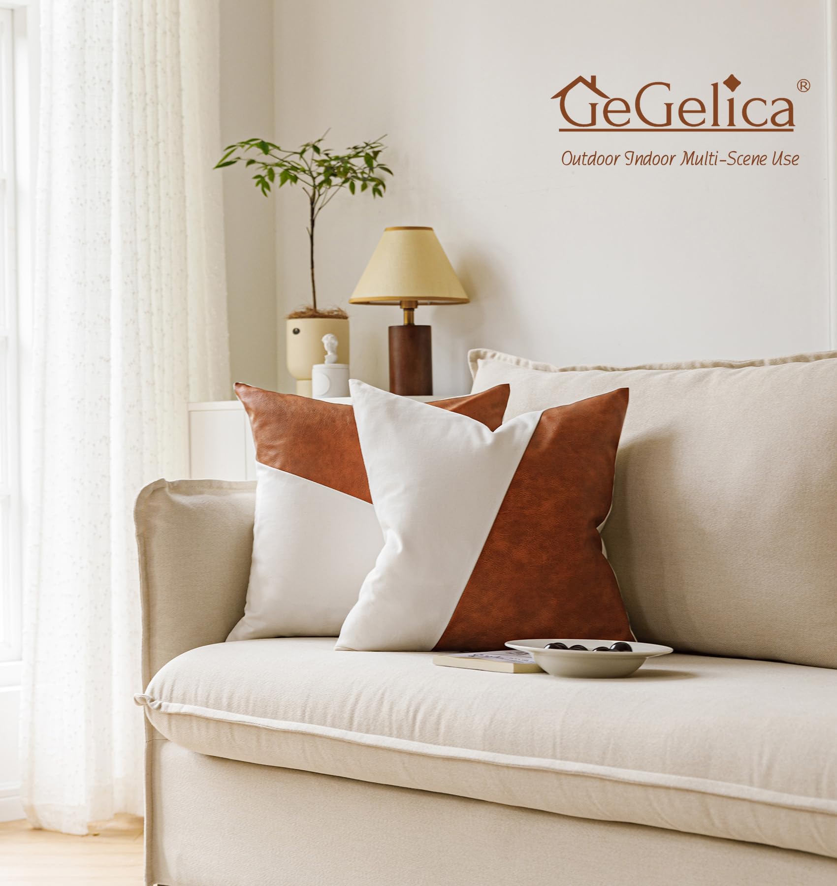 GEGELICA Faux Leather Patchwork White Linen Throw Pillow Covers Modern Minimalist Farmhouse Solid Boho Decorative Pillow Covers for Couch Living Room Bedroom Set of 2 18X18 Inch Brown and Cognac