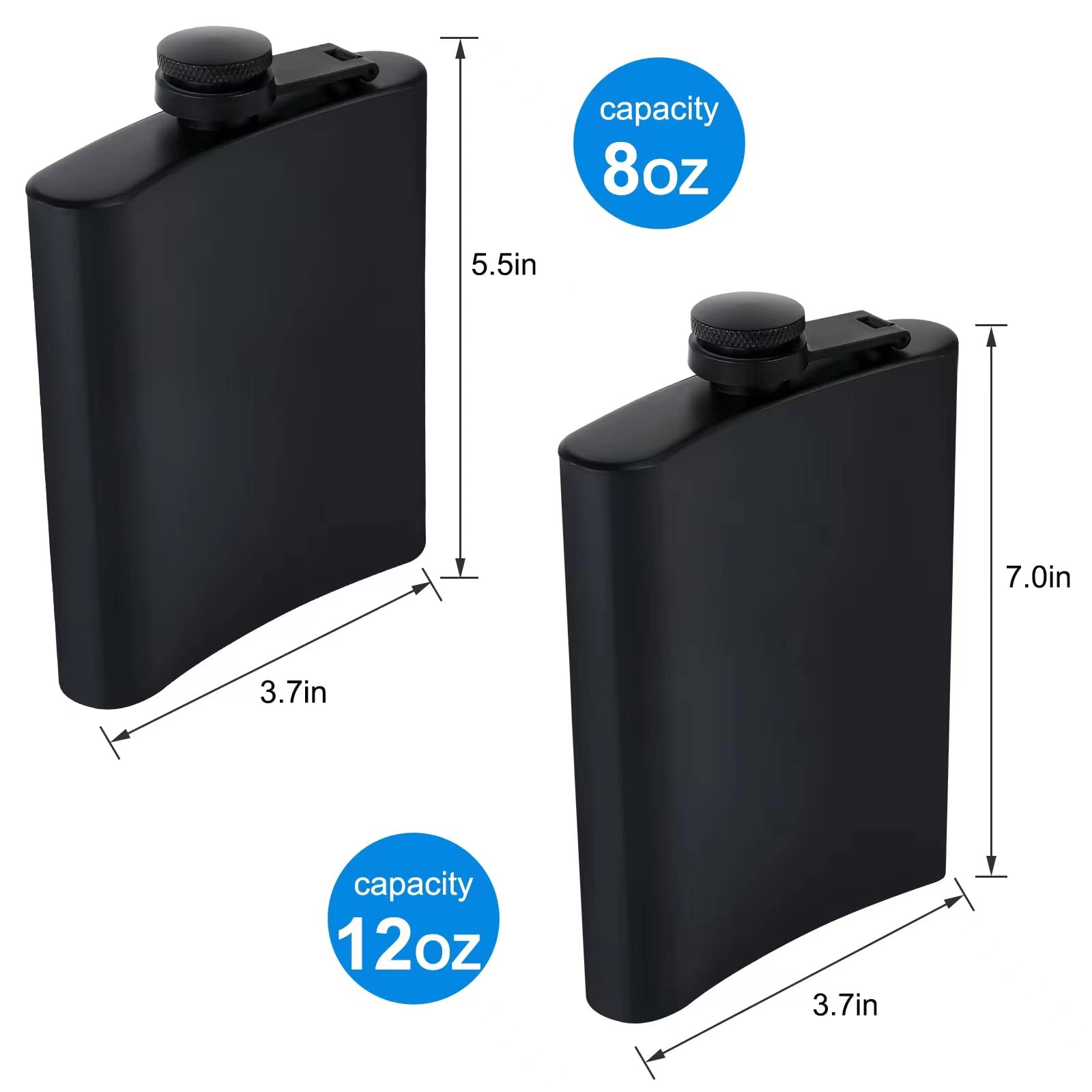 GADIEDIE 12oz+8oz Flask for Liquor for Men Matte Black Stainless Steel Leakproof Funnel and Cups, with Never-Lose Metal Cap, Drinking Flasks for Wedding Party Gift Outdoor Activities