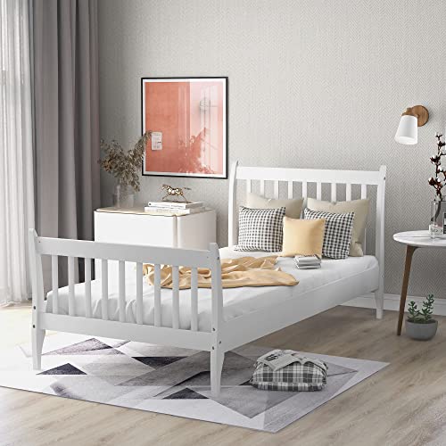 Danxee Wood Twin Bed Frame with Headboard and Footboard, Platform Bed Frame Mattress Foundation with Wood Slat Support for Kids, Teens, Twin (White)