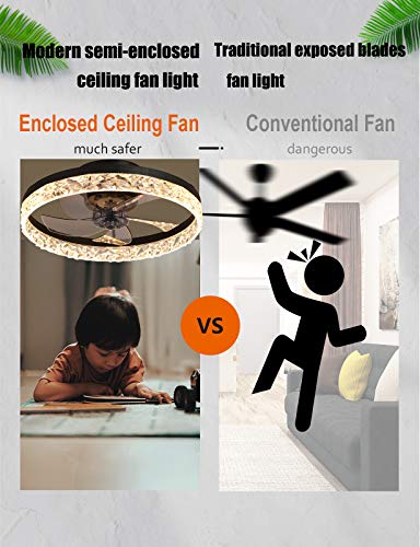 QUMFIXPU 20" Round Flush Mount Ceiling Fan with Lights, Modern Dimmable LED Low Profile Fan, Hidden Reversible Blades, Multi-Speed and Timing with Remote Control (Black)…