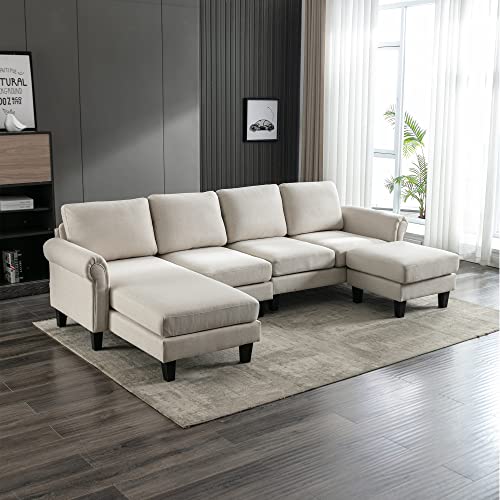 HomSof U-Shape Sectional Sofa Set for Living Room, Mid Century Modern Couch with Chaise and Ottoman, Beige