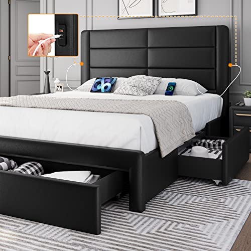 Yaheetech Queen Size Bed Frame with 2 USB Charging Station/Port for Type A&Type C/3 Storage Drawers, Leather Upholstered Platform Bed with Headboard/Solid Wood Slat Support/No Box Spring Needed/Black