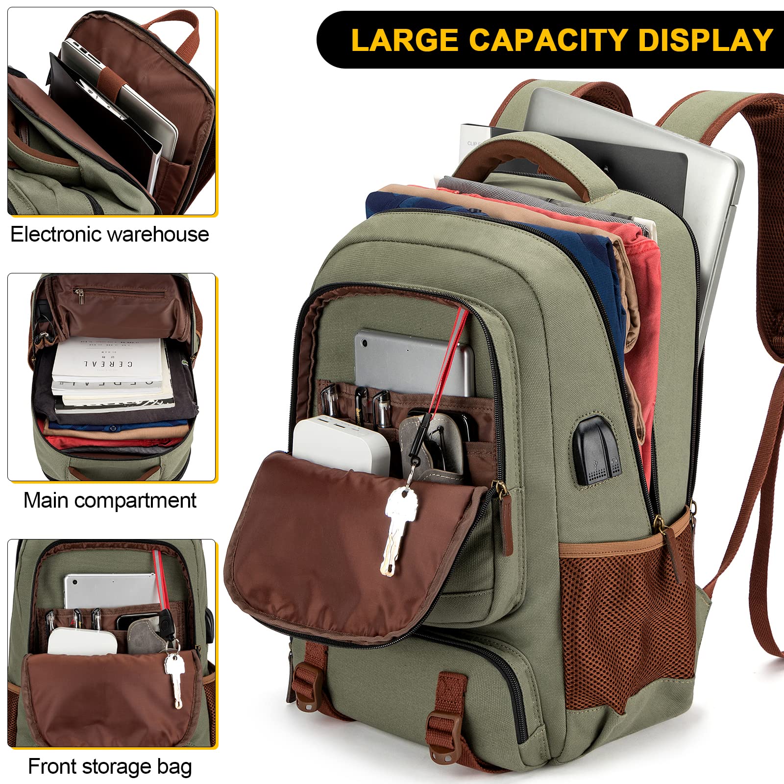 Tzowla Canvas Laptop Backpack, Bag for Men Women,Travel Work Rucksack Fits 17.3 Inch Laptop, Bookbag with USB Charging Port