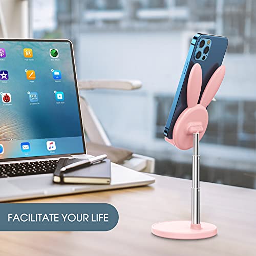 OATSBASF Cute Phone Stand, Adjustable Bunny Phone Stand for Desk, Thick Case Friendly Phone Holder Stand, Compatible with iPhone, Kindle, iPad, Switch, Tablets, All Phones (Pink)