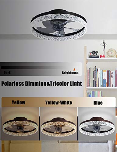 QUMFIXPU 20" Round Flush Mount Ceiling Fan with Lights, Modern Dimmable LED Low Profile Fan, Hidden Reversible Blades, Multi-Speed and Timing with Remote Control (Black)…