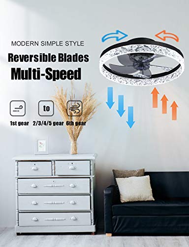 QUMFIXPU 20" Round Flush Mount Ceiling Fan with Lights, Modern Dimmable LED Low Profile Fan, Hidden Reversible Blades, Multi-Speed and Timing with Remote Control (Black)…