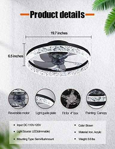 QUMFIXPU 20" Round Flush Mount Ceiling Fan with Lights, Modern Dimmable LED Low Profile Fan, Hidden Reversible Blades, Multi-Speed and Timing with Remote Control (Black)…