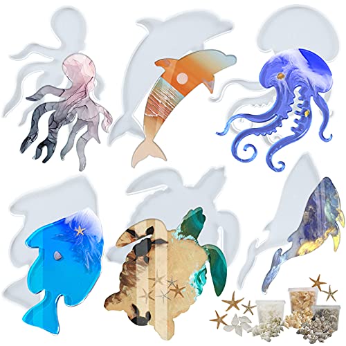 Sea Animal Epoxy Resin Silicone Tray Molds Dolphin Fish Jellyfish Turtle Octopus Whale Serving Board, Platter, Wall Hanging, Coaster with Mini Seashells Starfish Inlay Supplies
