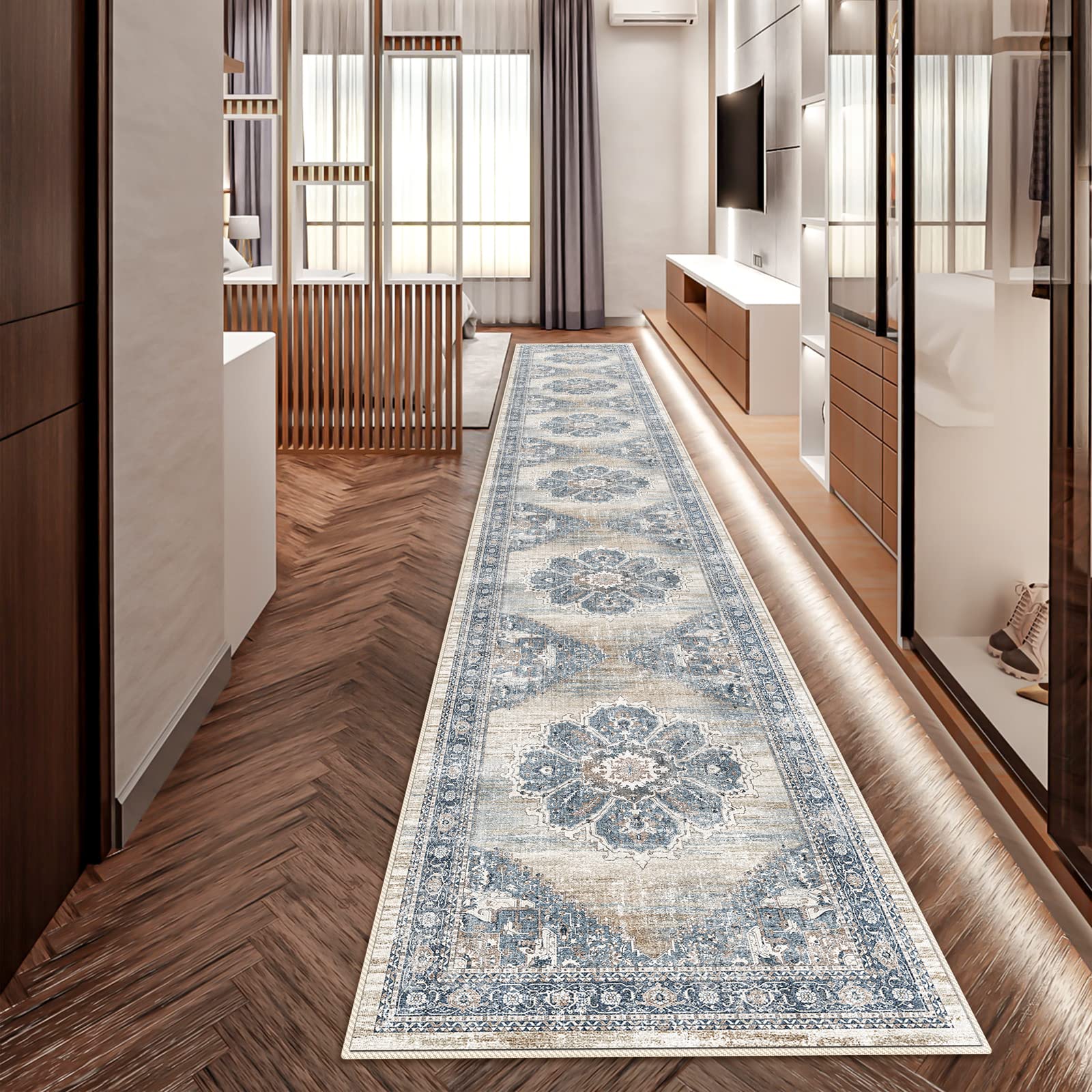 YOUFORTONG Runners for Hallways Soft Kitchen Rug Non Slip Rug Runner with Rubber Backing for Bathroom Washable Non Shedding Farmhouse Runner Rug (Blue, 2X12)