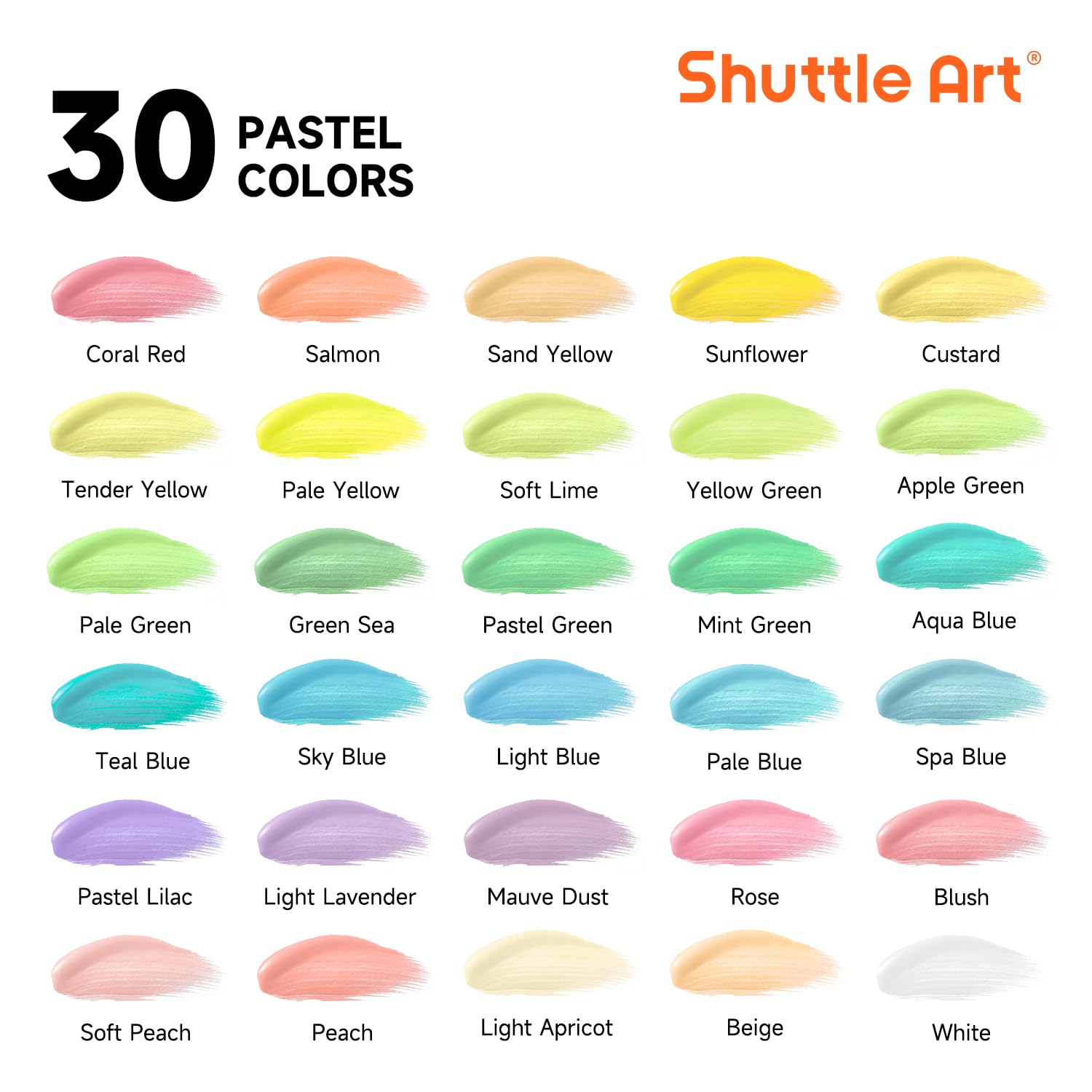 Shuttle Art 40 Pack Pastel Acrylic Paint Set, 30 Colors, 60ml/2oz Bottles, High Viscosity, Water-proof Paint With 10 Paint Brushes for Painting &Crafting on Canvas, Rock, Ceramic, Fabric
