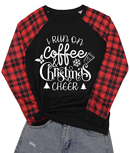 Christmas Shirts for Women I Run On Coffee and Christmas Cheer T-Shirt Raglan Xmas Holiday Tops Tee