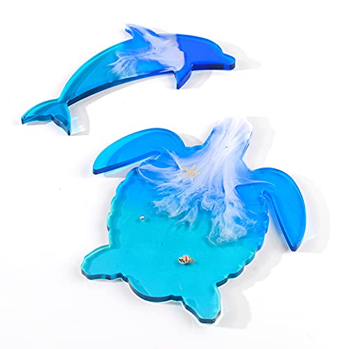 Sea Animal Epoxy Resin Silicone Tray Molds Dolphin Fish Jellyfish Turtle Octopus Whale Serving Board, Platter, Wall Hanging, Coaster with Mini Seashells Starfish Inlay Supplies