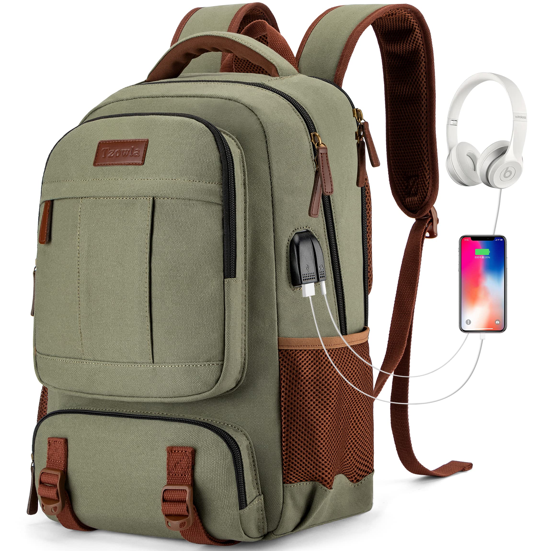 Tzowla Canvas Laptop Backpack, Bag for Men Women,Travel Work Rucksack Fits 17.3 Inch Laptop, Bookbag with USB Charging Port
