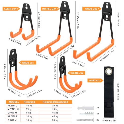 Kitmiido 12 Pack Garage Hooks,Heavy Duty Steel Wall Mounted Organiser,Anti-Slip Storage Hook for Organising Bike, Ladder, Garden Tools, Ropes, Cables(Orange)