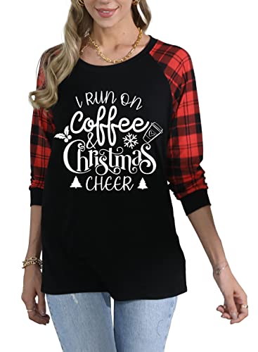 Christmas Shirts for Women I Run On Coffee and Christmas Cheer T-Shirt Raglan Xmas Holiday Tops Tee