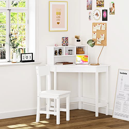 UTEX Kids Desk,Wooden Study Desk with Chair for Children,Writing Desk with Storage and Hutch for Home School Use,White