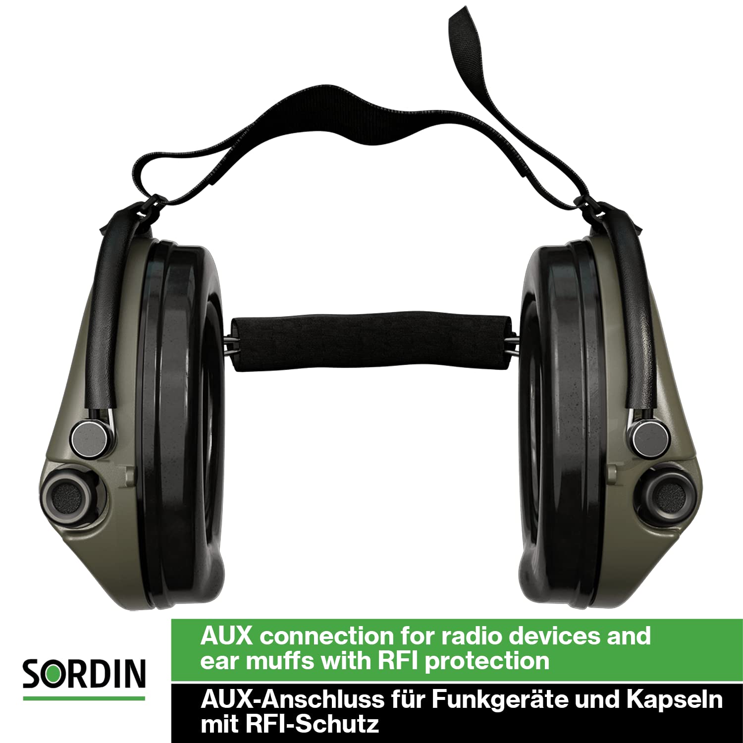 Sordin Supreme MIL AUX Active Ear Defenders - for Military & Special Forces - Neck Band & Foam Kits - Green Ear Muffs