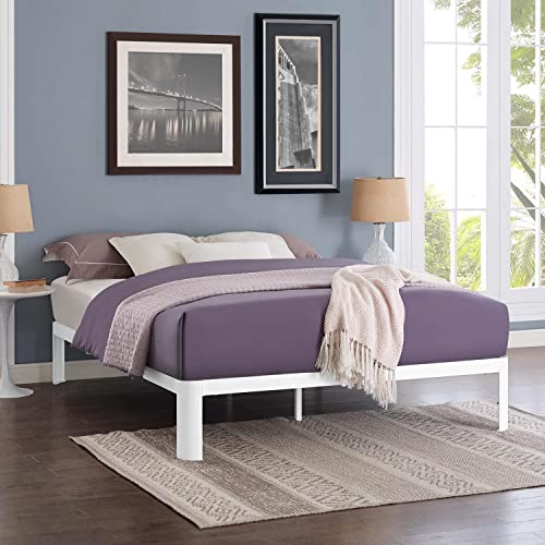 Modway Corinne Steel Modern Mattress Foundation Full Bed Frame with Wood Slat Support in White