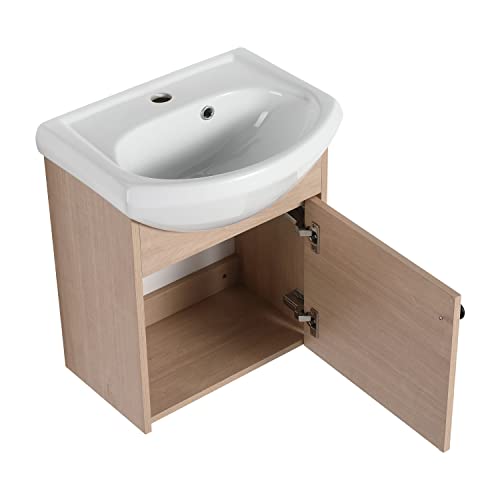 HomSof Small Size 18 Inch Bathroom Vanity with Ceramic Sink,Wall Mounting Design,18"x14", Plain Light Oak