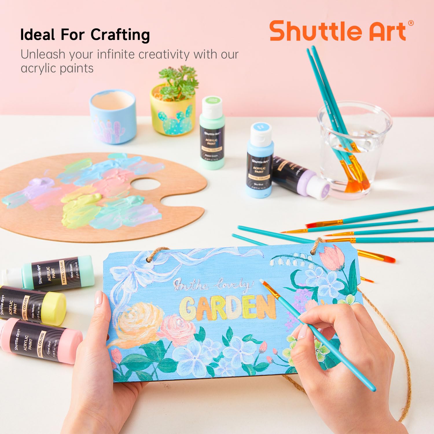 Shuttle Art 40 Pack Pastel Acrylic Paint Set, 30 Colors, 60ml/2oz Bottles, High Viscosity, Water-proof Paint With 10 Paint Brushes for Painting &Crafting on Canvas, Rock, Ceramic, Fabric