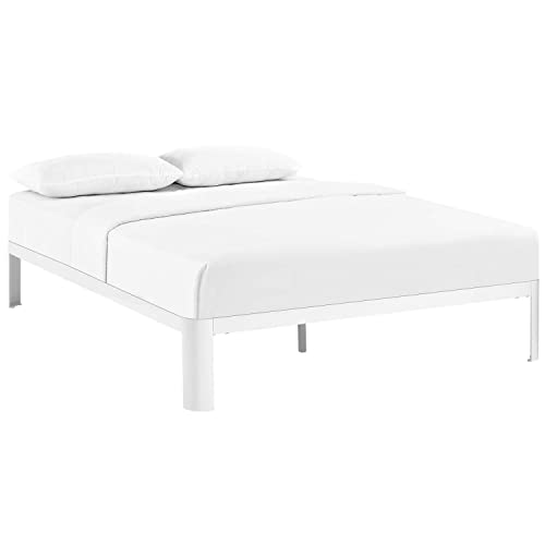 Modway Corinne Steel Modern Mattress Foundation Full Bed Frame with Wood Slat Support in White
