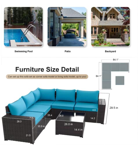 Grezone 6 Pieces Patio Outdoor Furniture Sets All Weather Wicker Sectional Sofa Couch Lawn Sectional Furniture with Washable Couch Cushions and Black-Glass Table (Blue)