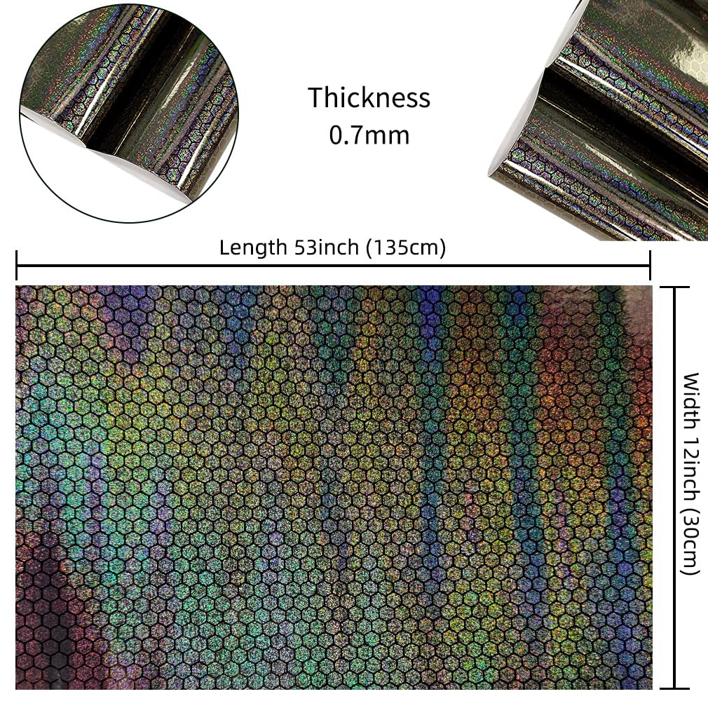HYANG Holographic Grey Geometric Hexagon PU Faux Leather Sheets 1 Roll 12"X53"(30cmX135cm), Faux Leather Very Suitable for Crafts Making Leather Earrings, Bows, Handbag ,Sewing
