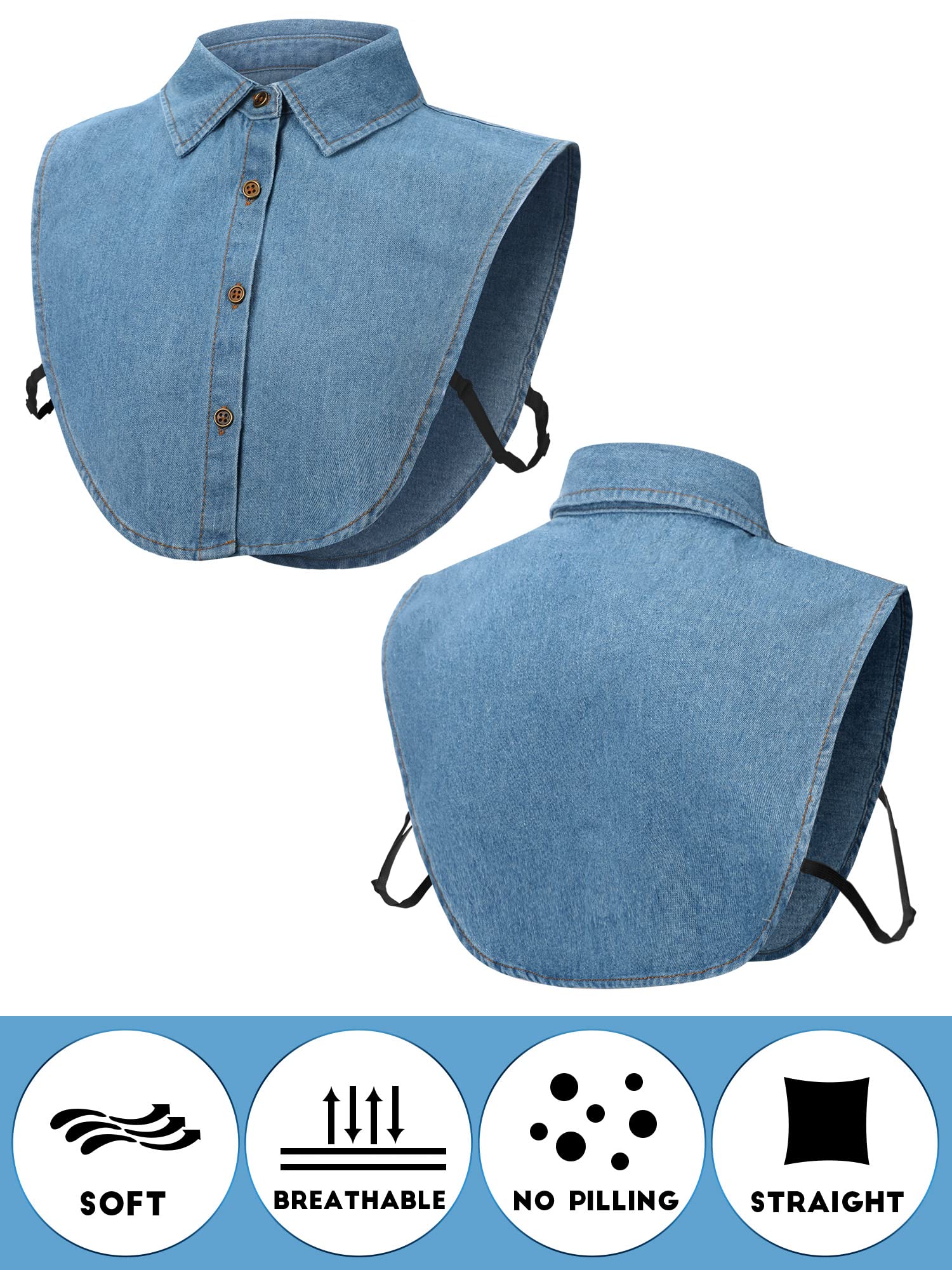 Syhood 4 Pcs Fake Collar Detachable False Dickey Collar Half Shirts Round for Women Outfits(Denim Fabric,Matte Black, Blue, Light Blue, Light Gray)