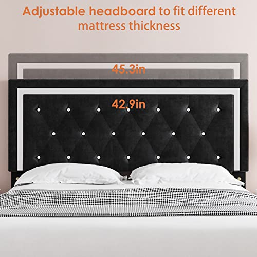 HITHOS Full Bed Frame, Upholstered Platform Bed Frame with Modern Adjustable Headboard, Diamond Tufted Mattress Foundation with Wooden Slat Support, No Box Spring Needed, Easy Assembly (Full, Black)