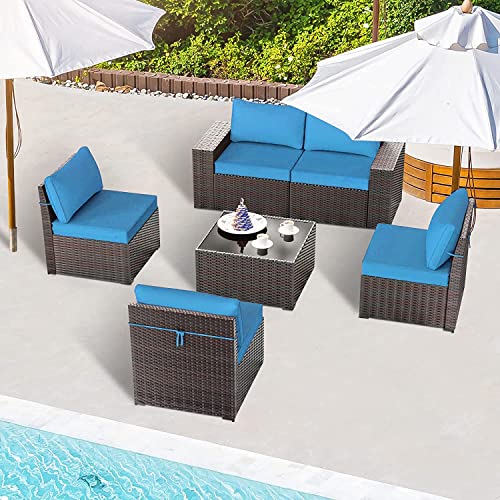 Grezone 6 Pieces Patio Outdoor Furniture Sets All Weather Wicker Sectional Sofa Couch Lawn Sectional Furniture with Washable Couch Cushions and Black-Glass Table (Blue)