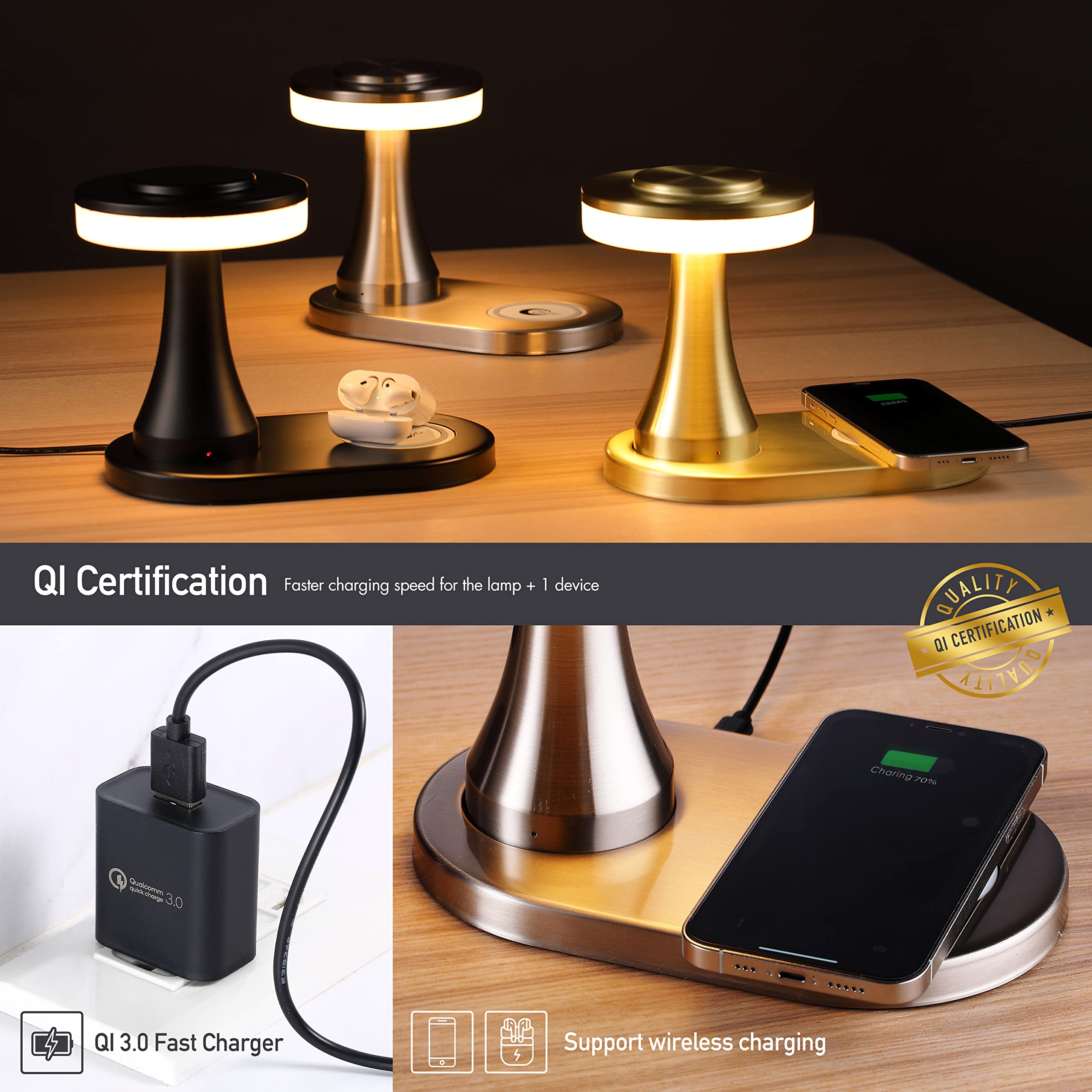 O’Bright - Portable LED Table Lamp with Wireless Charging Pad, Dimmable and Rechargeable Night Lamp, Ambient Light for Patio/Restaurant/Nursery, Bedside Nightstand Lamp, Brushed Nickel