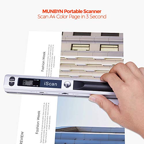 MUNBYN Portable Scanner, Photo Scanner for A4 Documents Pictures Pages Texts in 900 Dpi, Flat Scanning, Include 16G SD Card, No Driver