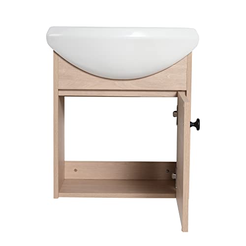 HomSof Small Size 18 Inch Bathroom Vanity with Ceramic Sink,Wall Mounting Design,18"x14", Plain Light Oak