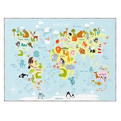 Kids Area Rug World Map Cute Animal Rugs Educational Floor Carpet for Boy Girl Machine Washable Area Rugs for Living Room, Bedroom, Playroom,8' x 10', Blue
