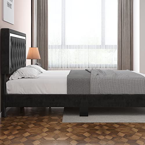 HITHOS Full Bed Frame, Upholstered Platform Bed Frame with Modern Adjustable Headboard, Diamond Tufted Mattress Foundation with Wooden Slat Support, No Box Spring Needed, Easy Assembly (Full, Black)