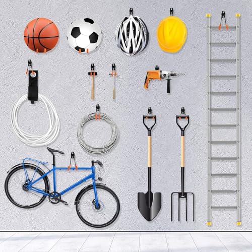 Kitmiido 12 Pack Garage Hooks,Heavy Duty Steel Wall Mounted Organiser,Anti-Slip Storage Hook for Organising Bike, Ladder, Garden Tools, Ropes, Cables(Orange)
