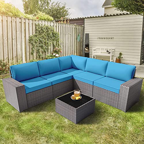 Grezone 6 Pieces Patio Outdoor Furniture Sets All Weather Wicker Sectional Sofa Couch Lawn Sectional Furniture with Washable Couch Cushions and Black-Glass Table (Blue)