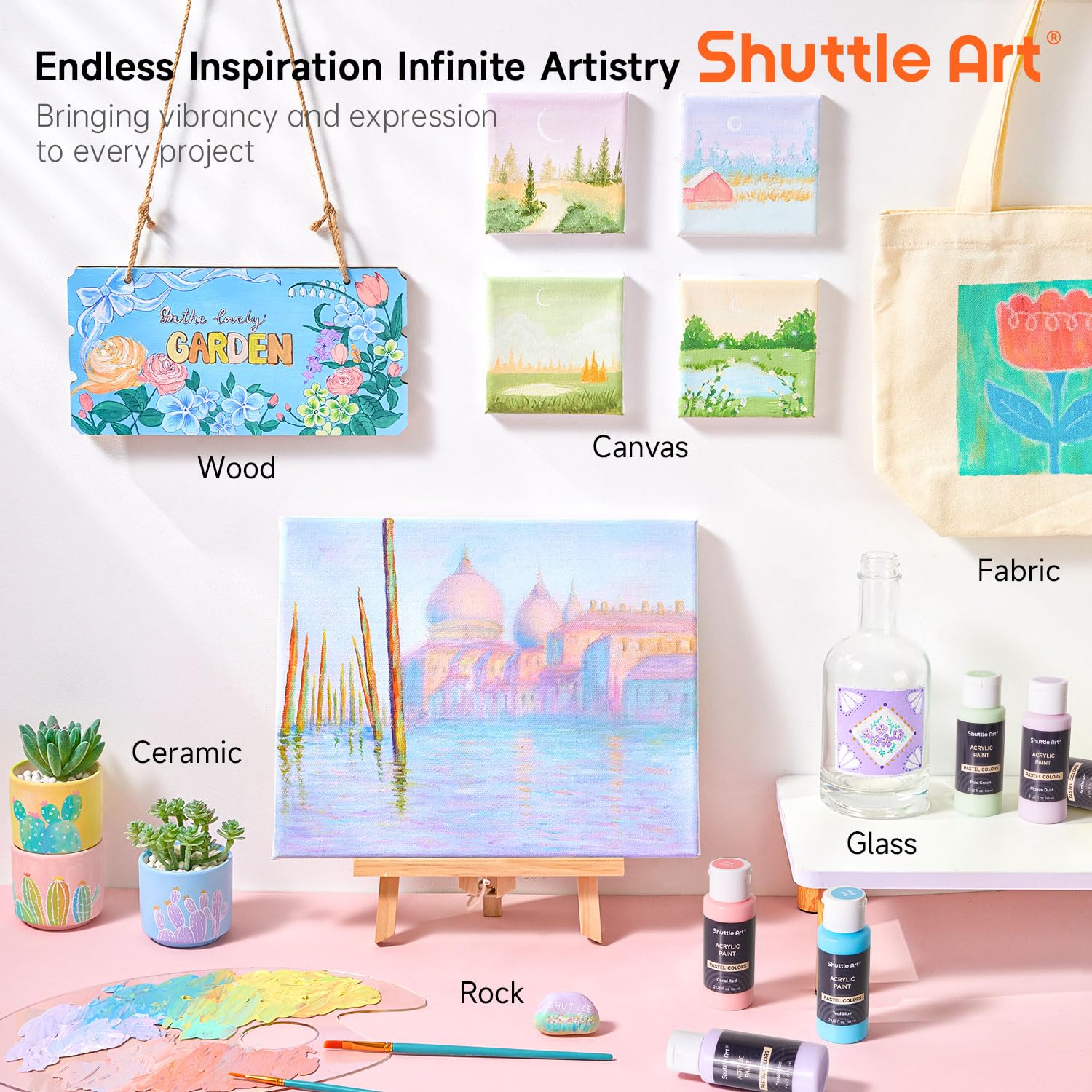 Shuttle Art 40 Pack Pastel Acrylic Paint Set, 30 Colors, 60ml/2oz Bottles, High Viscosity, Water-proof Paint With 10 Paint Brushes for Painting &Crafting on Canvas, Rock, Ceramic, Fabric
