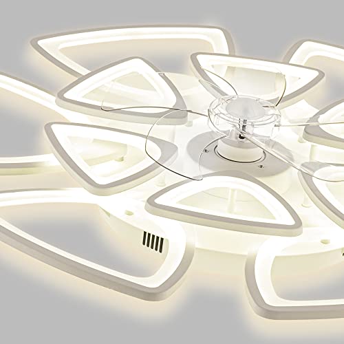 XIEICS Modern Ceiling Fan with Lights Remote Control - Flush Mount Dimmable LED Ceiling Fan Lights & 6 Speeds Bladeless Ceiling Fan with Lights, for Bedroom Living Room (34.8inch, White)
