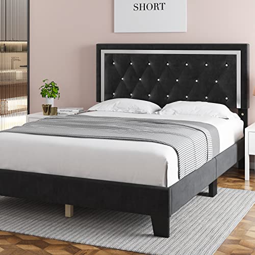 HITHOS Full Bed Frame, Upholstered Platform Bed Frame with Modern Adjustable Headboard, Diamond Tufted Mattress Foundation with Wooden Slat Support, No Box Spring Needed, Easy Assembly (Full, Black)