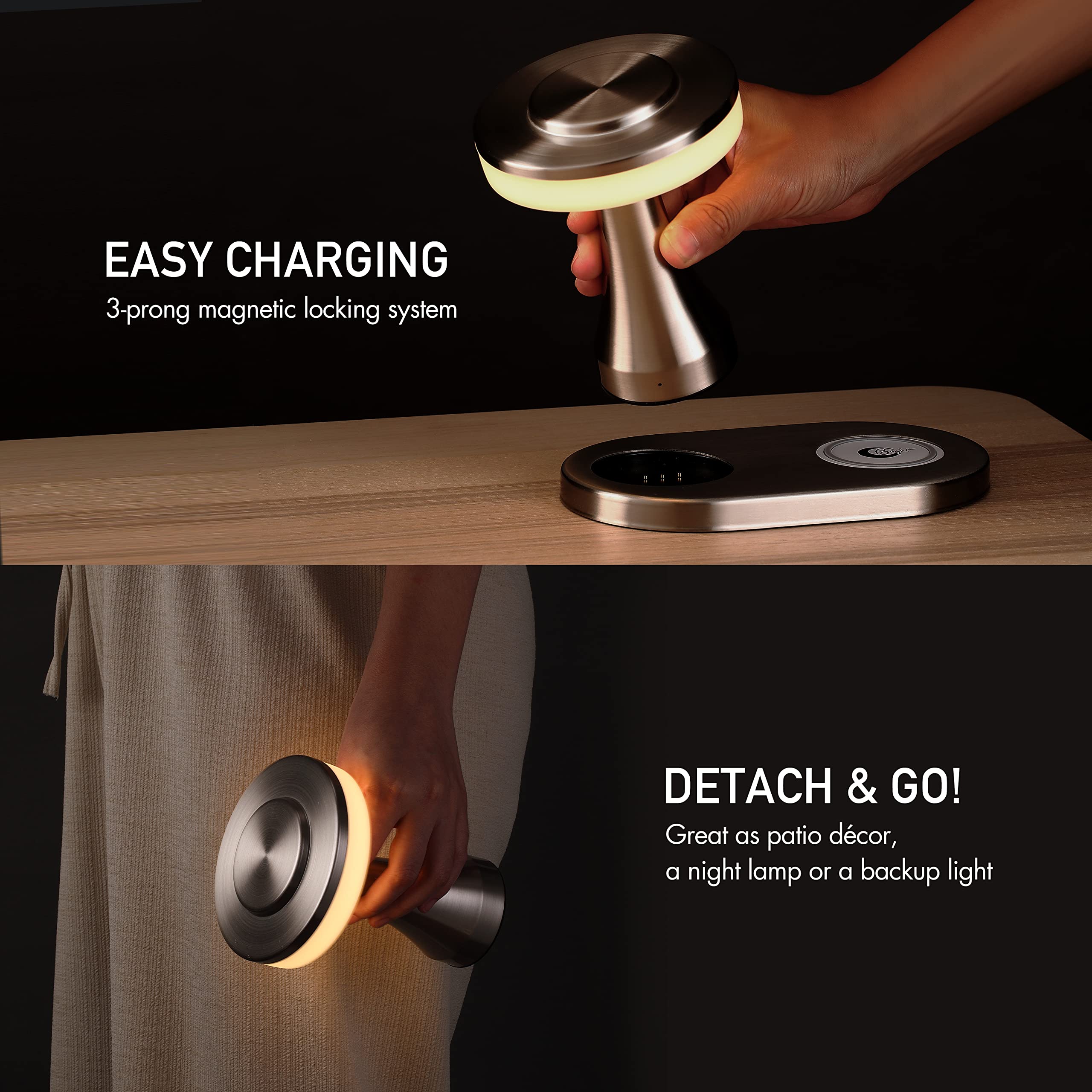 O’Bright - Portable LED Table Lamp with Wireless Charging Pad, Dimmable and Rechargeable Night Lamp, Ambient Light for Patio/Restaurant/Nursery, Bedside Nightstand Lamp, Brushed Nickel