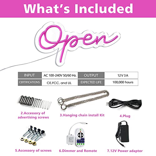 LED Neon Open Sign, MOLCOVEX 15"x 7.3" Business Open Sign with Remote, Adjustable Brightness Open Neon Lights for Restaurant Bar Salon Stores Hotel Wall Decor Light Open Sign (Pink)