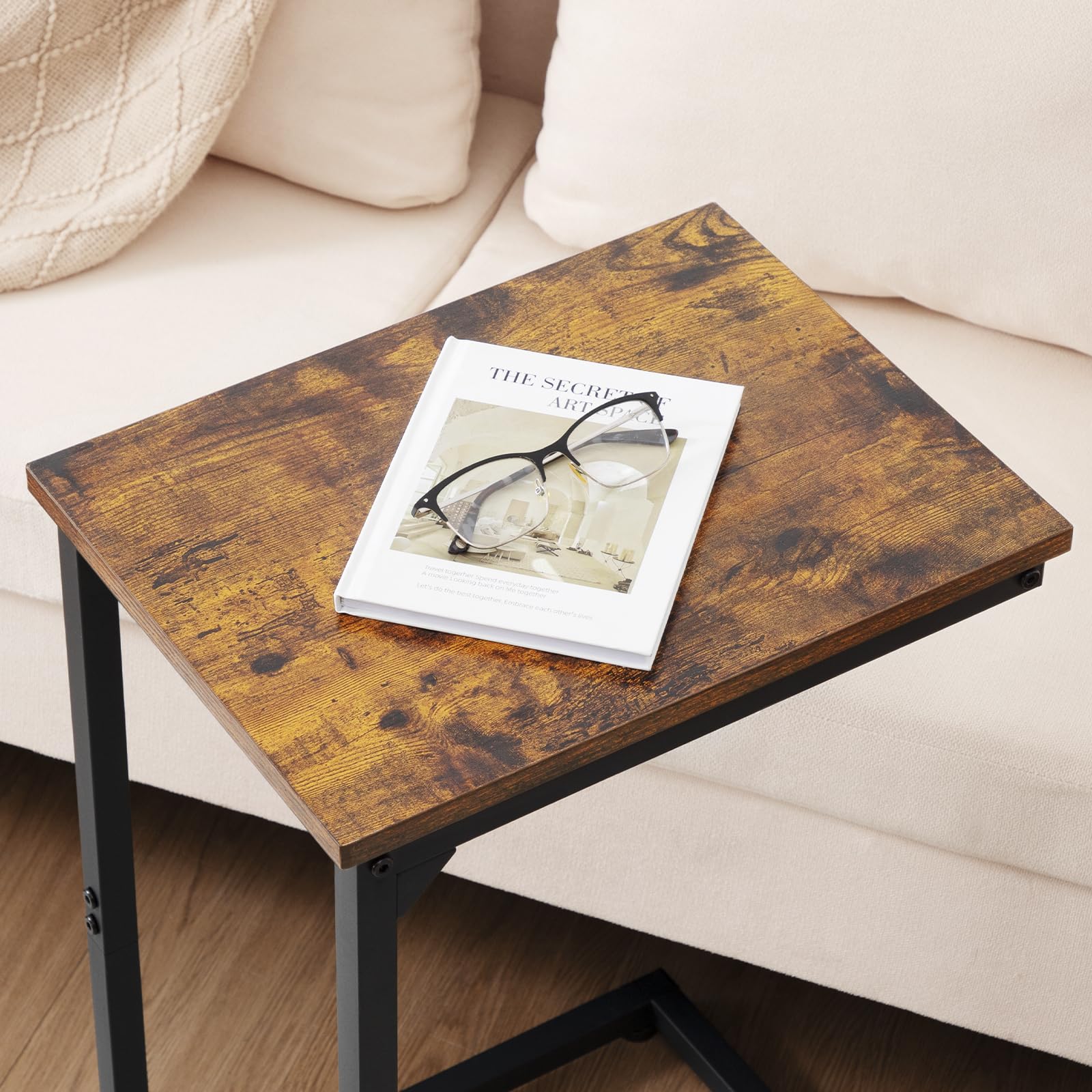 AMHANCIBLE C Shaped End Table, Slide Under Couch Table for Sofa, TV Tray Snack Table, Small Side Table for Small Space, Living Room, Brown HET02CBR1