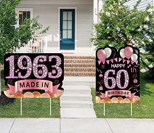 2Pcs 16" Large Happy 60th Birthday Party Yard Sign Decorations for Women,Rose Gold 60th Birthday Yard Signs with Stakes,Weatherproof Outdoor Lawn Decorations (New 60th)