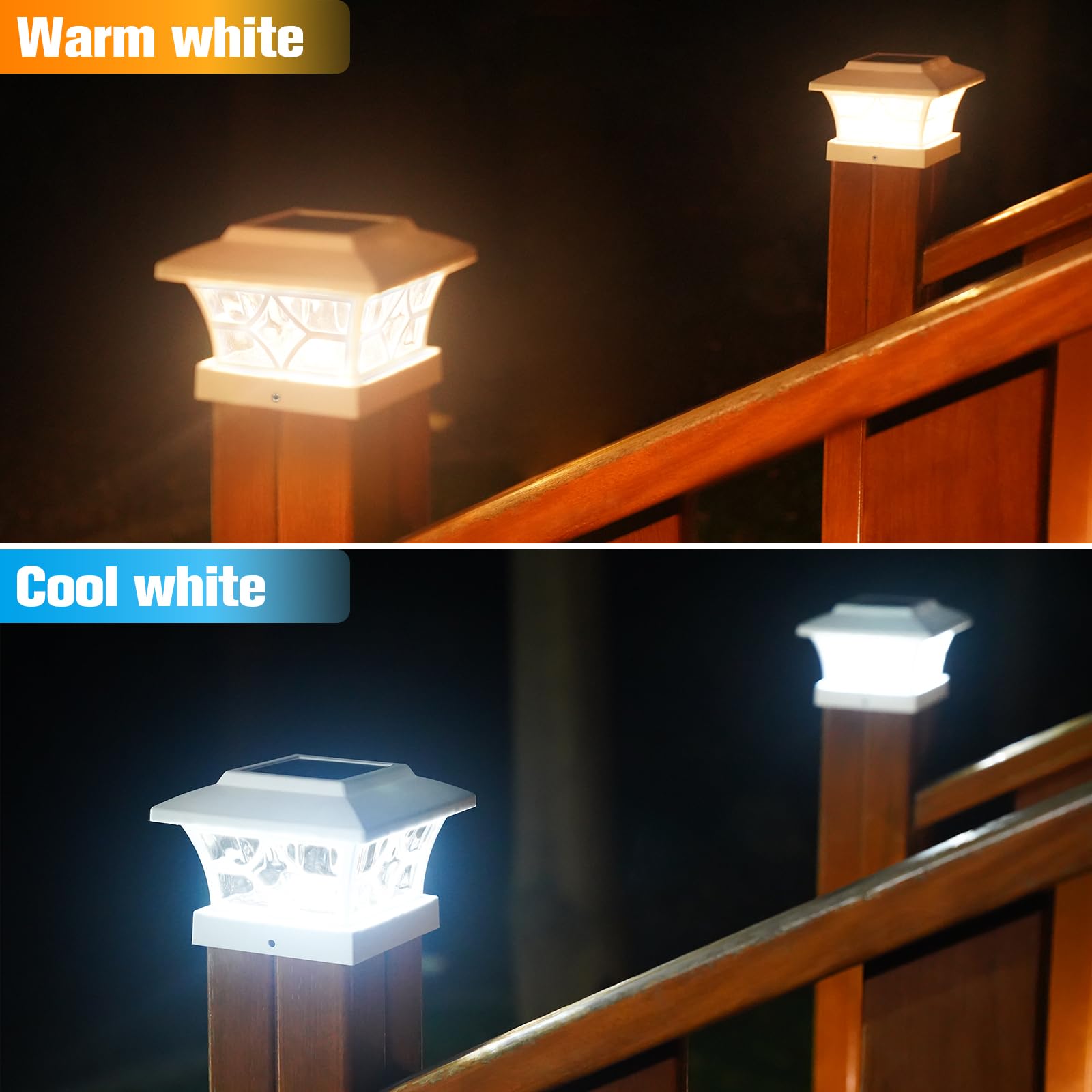 VOLISUN Solar Post Cap Lights Outdoor, Solar Powered Fence Post Cap Lights for 4x4 Vinyl/Wood Post, White Waterproof Solar Deck Post Lights 4Pack Cool/Warm for Garden Patio Porch...