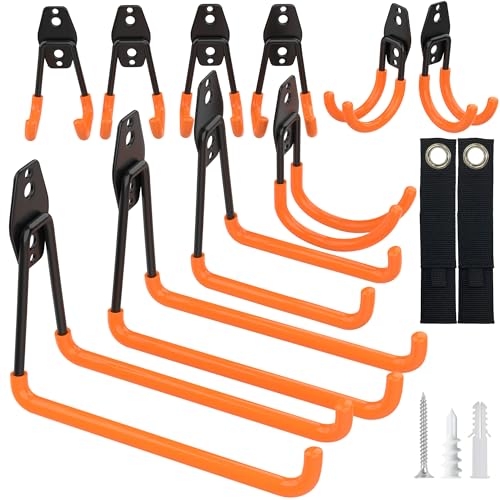 Kitmiido 12 Pack Garage Hooks,Heavy Duty Steel Wall Mounted Organiser,Anti-Slip Storage Hook for Organising Bike, Ladder, Garden Tools, Ropes, Cables(Orange)