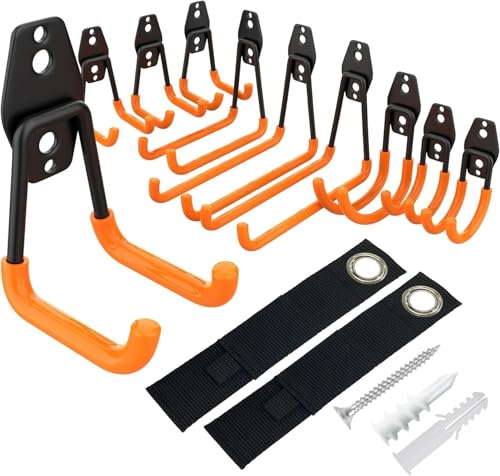 Kitmiido 12 Pack Garage Hooks,Heavy Duty Steel Wall Mounted Organiser,Anti-Slip Storage Hook for Organising Bike, Ladder, Garden Tools, Ropes, Cablesļ¼Orangeļ¼