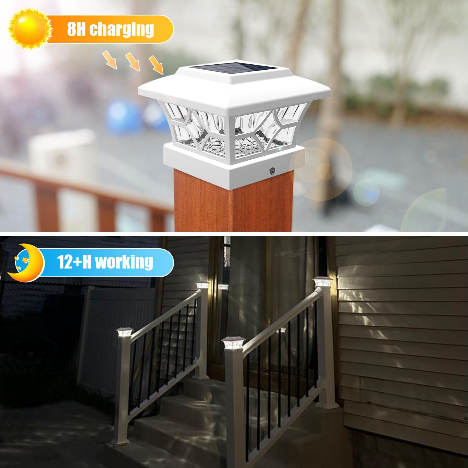 VOLISUN Solar Post Cap Lights Outdoor, Solar Powered Fence Post Cap Lights for 4x4 Vinyl/Wood Post, White Waterproof Solar Deck Post Lights 4Pack Cool/Warm for Garden Patio Porch...