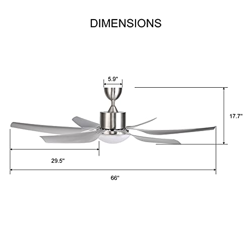 reiga 66" Modern Sleek Ceiling Fan with Dimming Light and APP Remote Control, 6 Matt Sliver Blades Reversible DC Motor for Kitchen, Bedroom, Patio