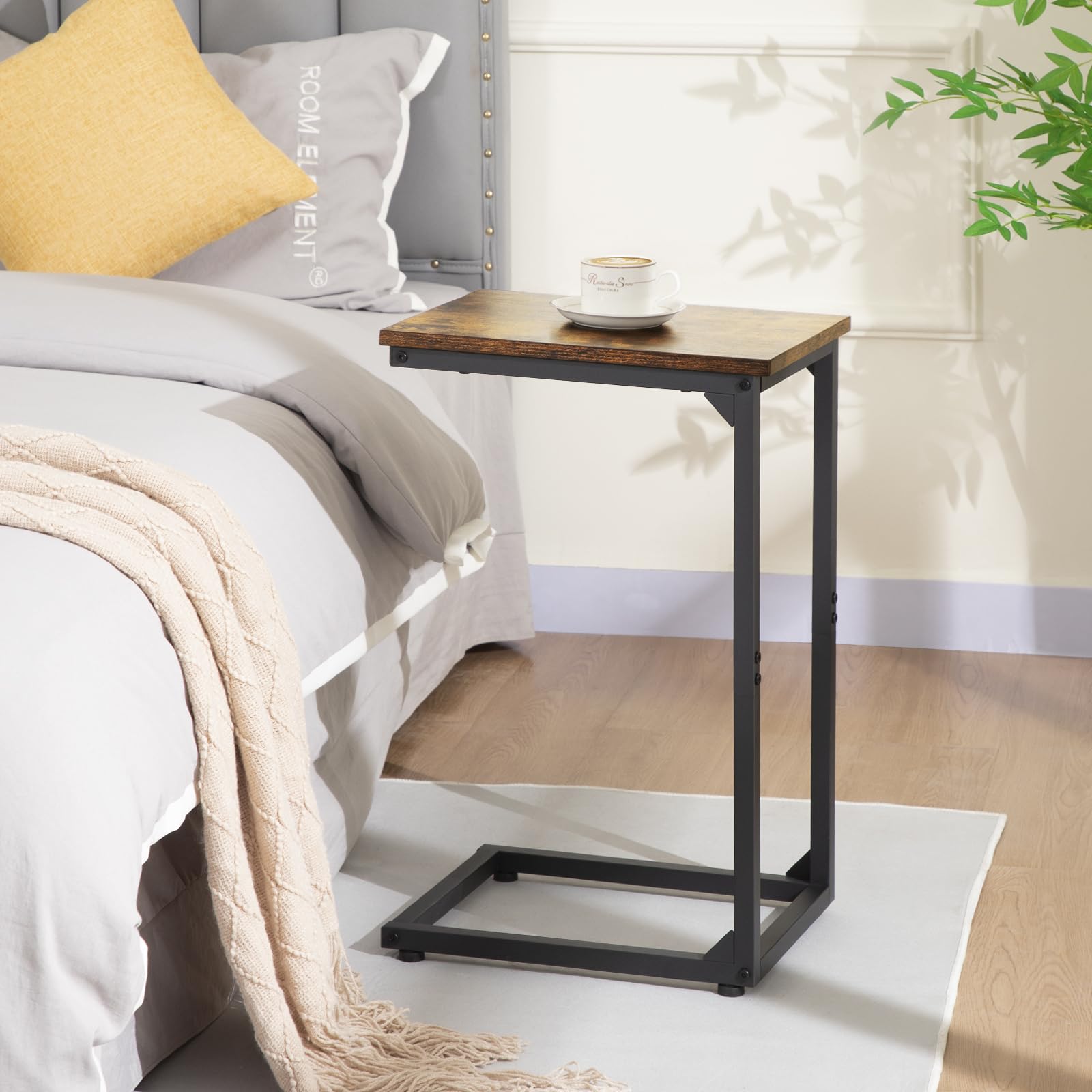 AMHANCIBLE C Shaped End Table, Slide Under Couch Table for Sofa, TV Tray Snack Table, Small Side Table for Small Space, Living Room, Brown HET02CBR1
